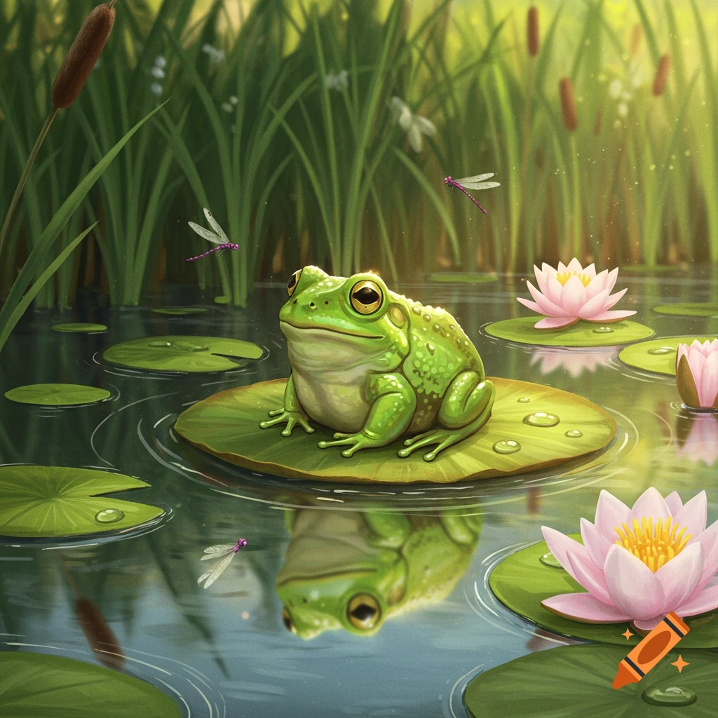A cute green frog with yellow eyes sits on a lily pad in a pond with ...