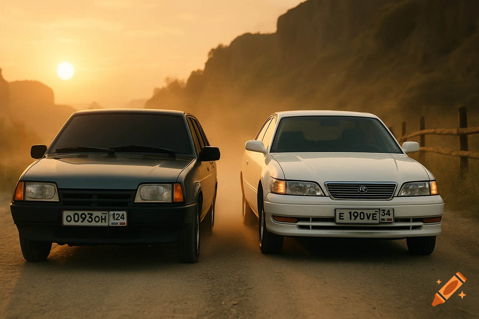 Photorealistic front view of two cars, a dark Lada and a white Toyota ...