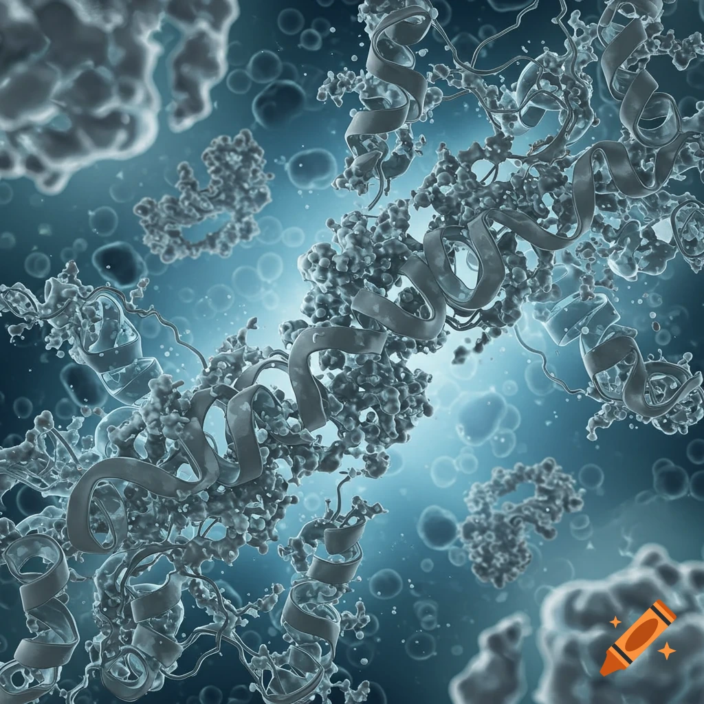 Detailed microscopic view of complex grey helical and globular protein ...