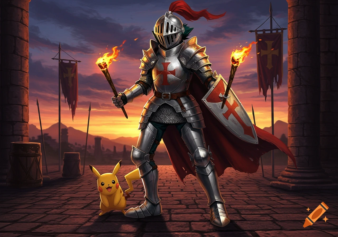 A knight in shining armor with a red cape holds two flaming torches ...