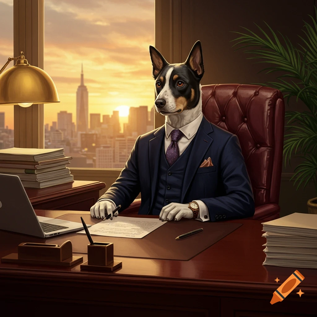 A photorealistic anthropomorphic dog in a dark suit sits at a desk in ...