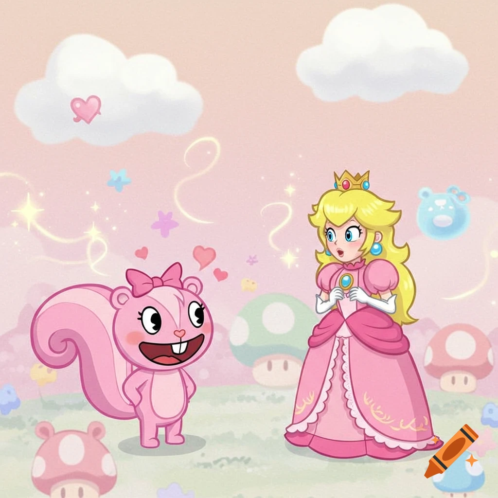 Pink squirrel character Giggles and Princess Peach in a pink dress ...