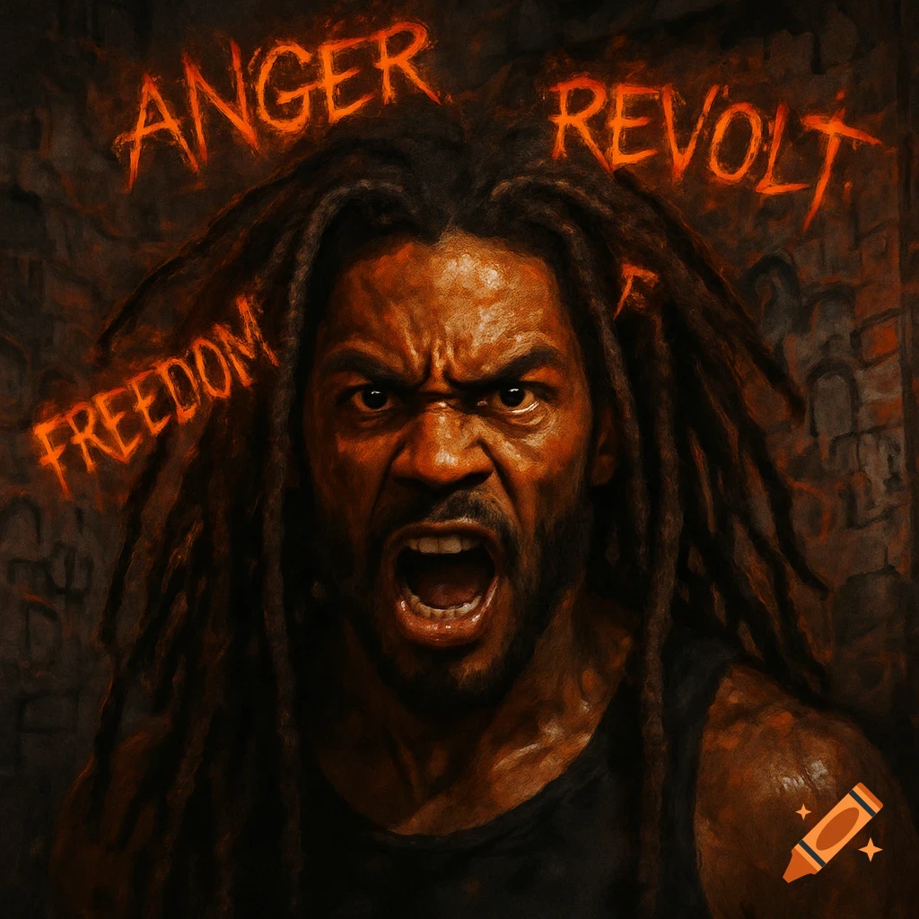 An intense portrait of an angry man with dreadlocks yelling, with ...