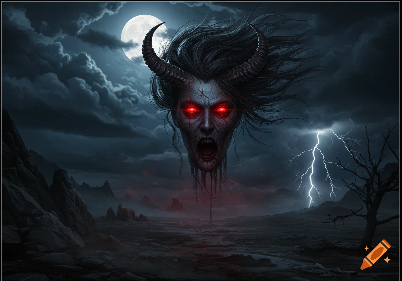 A white-haired, red-eyed female demon with horns, black wings, and a ...