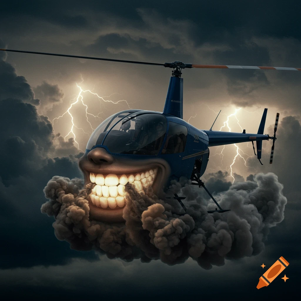 A dark blue helicopter with a large brown smiling human face in front ...