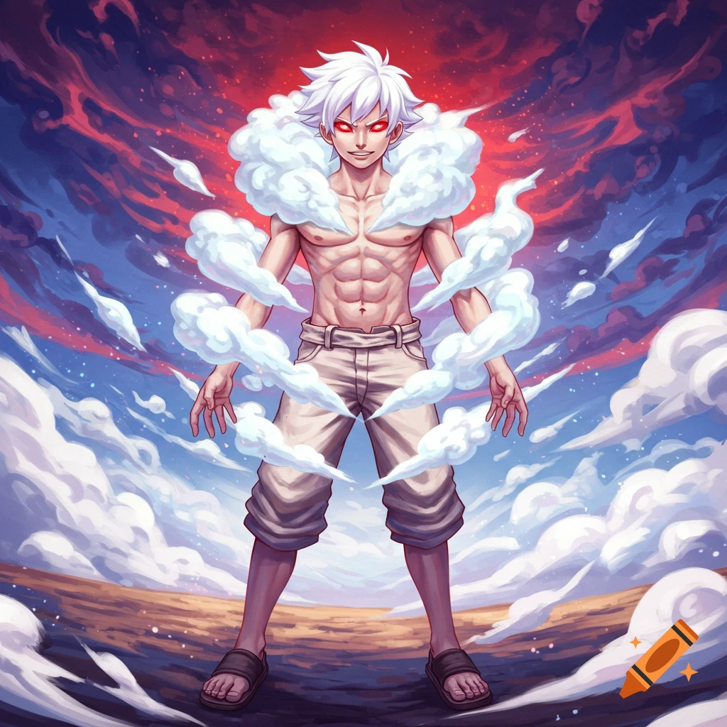 An anime character with white spiky hair, glowing red eyes, and a ...