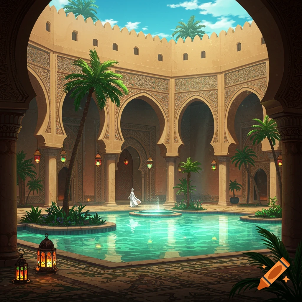 A person stands by a glowing turquoise pool in an ornate, sunny Middle ...