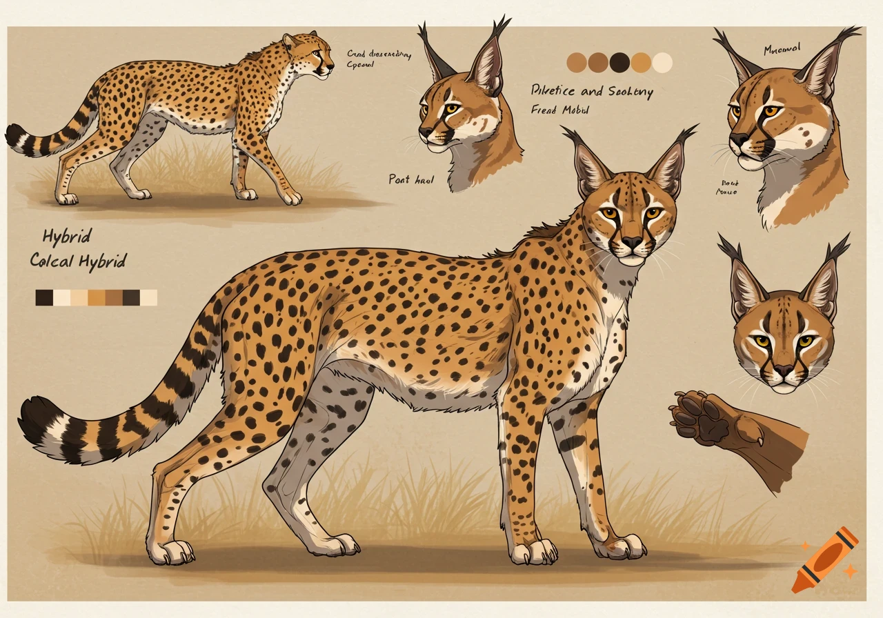 A detailed illustration of a cheetah and caracal hybrid reference sheet ...