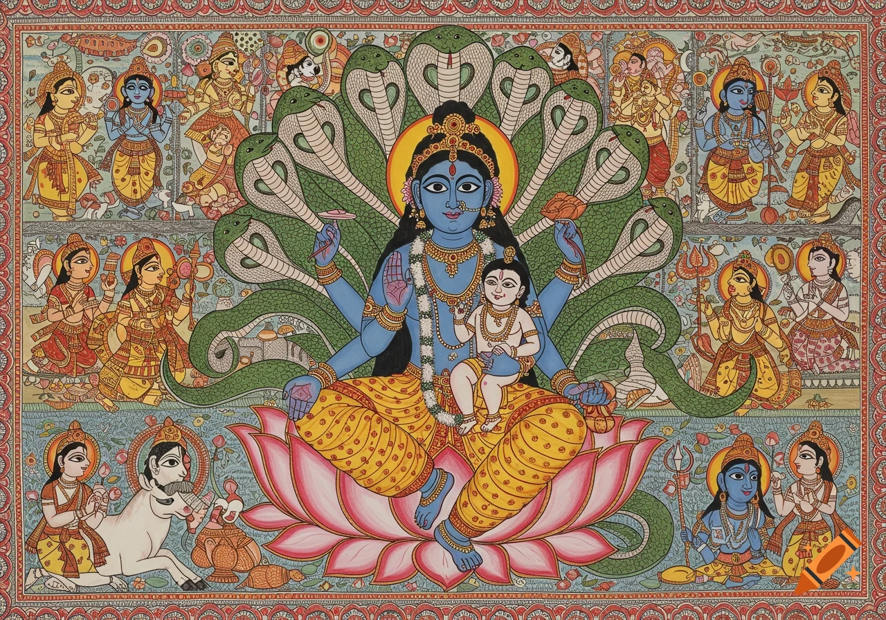 Madhubani art of blue-skinned Tara Devi on a pink lotus, with many arms ...