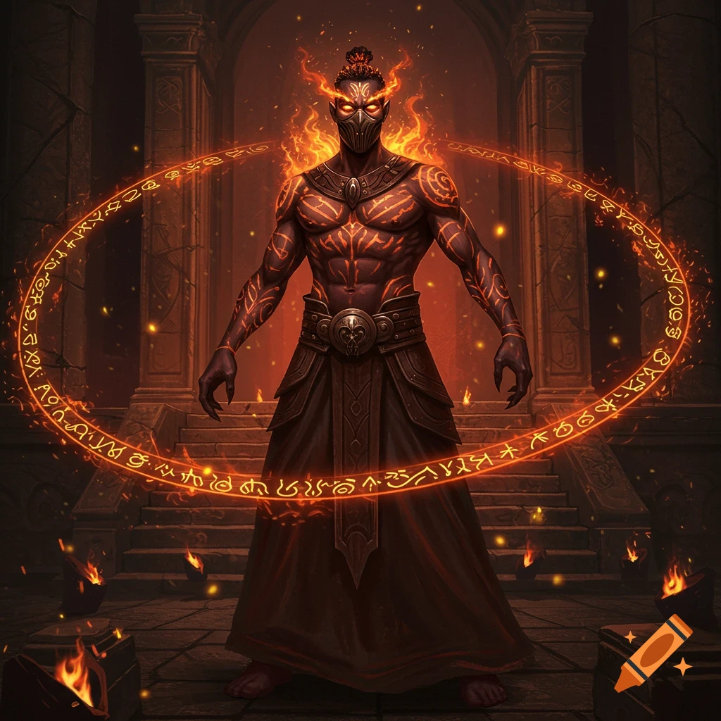 A masked male sorcerer with fiery skin and tattoos stands in a dark ...