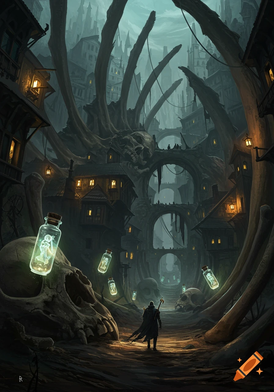 A cloaked figure walks through a dark fantasy cityscape built into ...