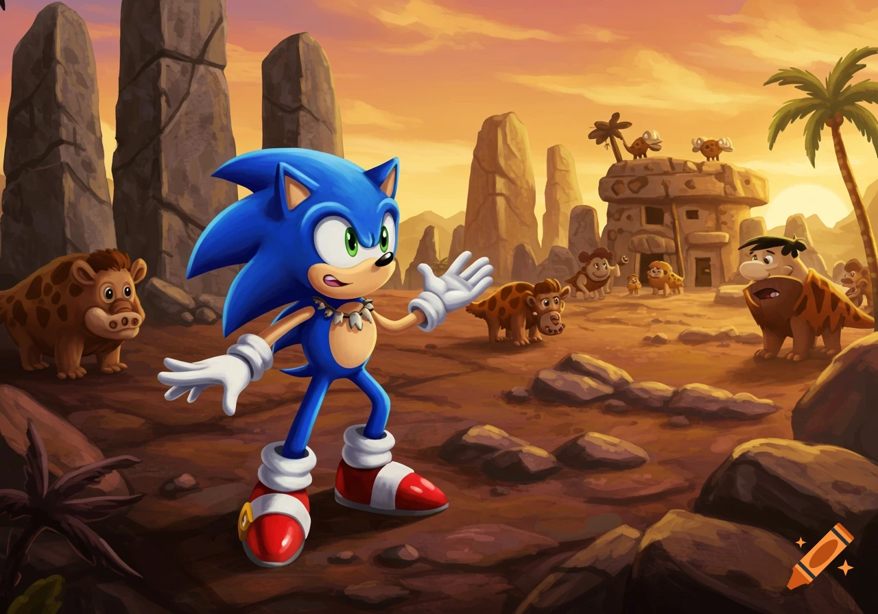 Sonic the Hedgehog stands heroically at a construction site, holding a large building hammer ...