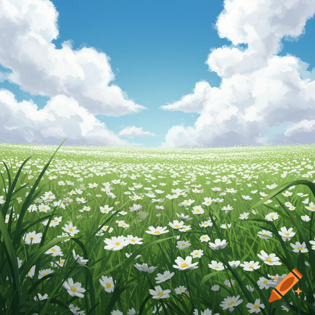 Vibrant oil painting of a meadow with white daisies and blue flowers ...