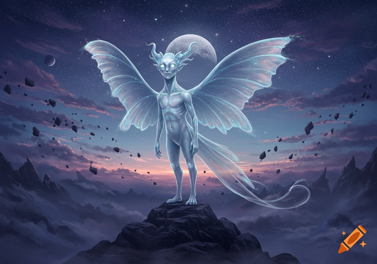 A woman with long white hair and crystal spider legs stands in a gothic ...