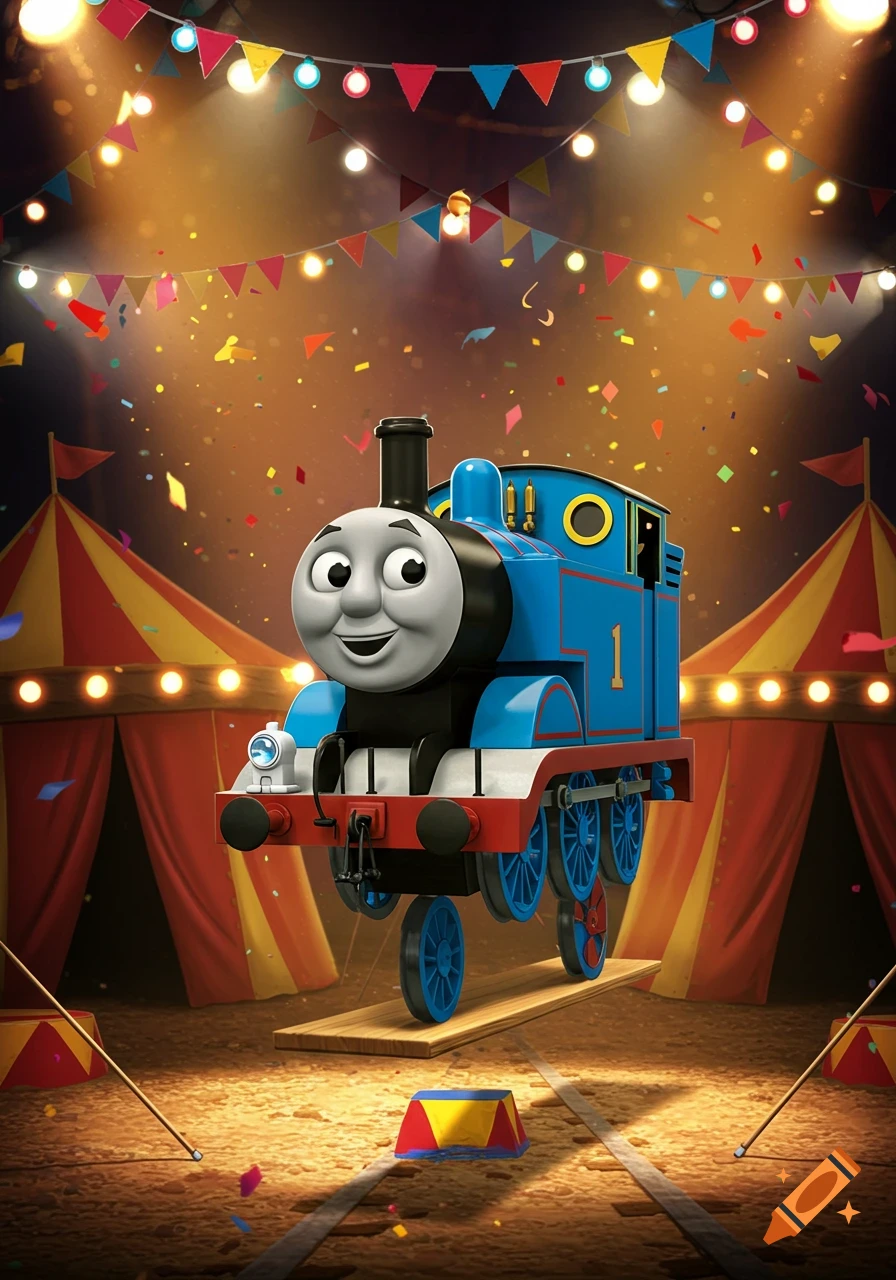 Thomas the Tank Engine balances on a plank in a circus tent under ...