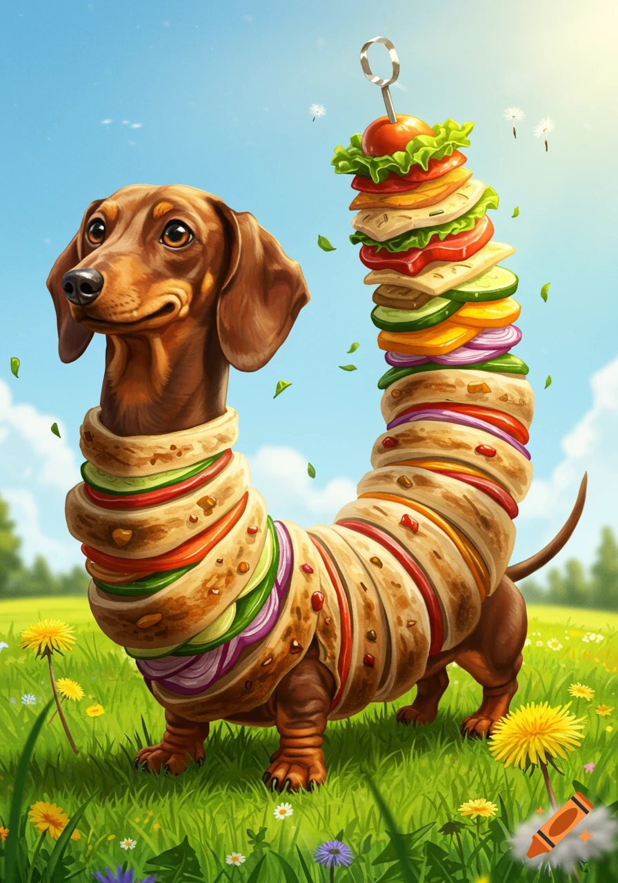 A brown dachshund sits on the moon, holding a hot dog in its mouth ...