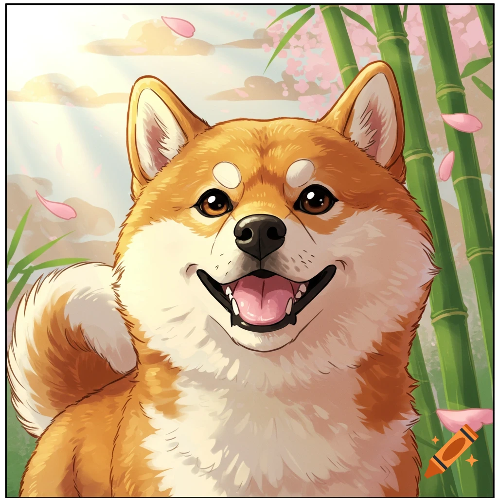 A happy manga-style Shiba Inu dog smiles broadly among pink cherry ...