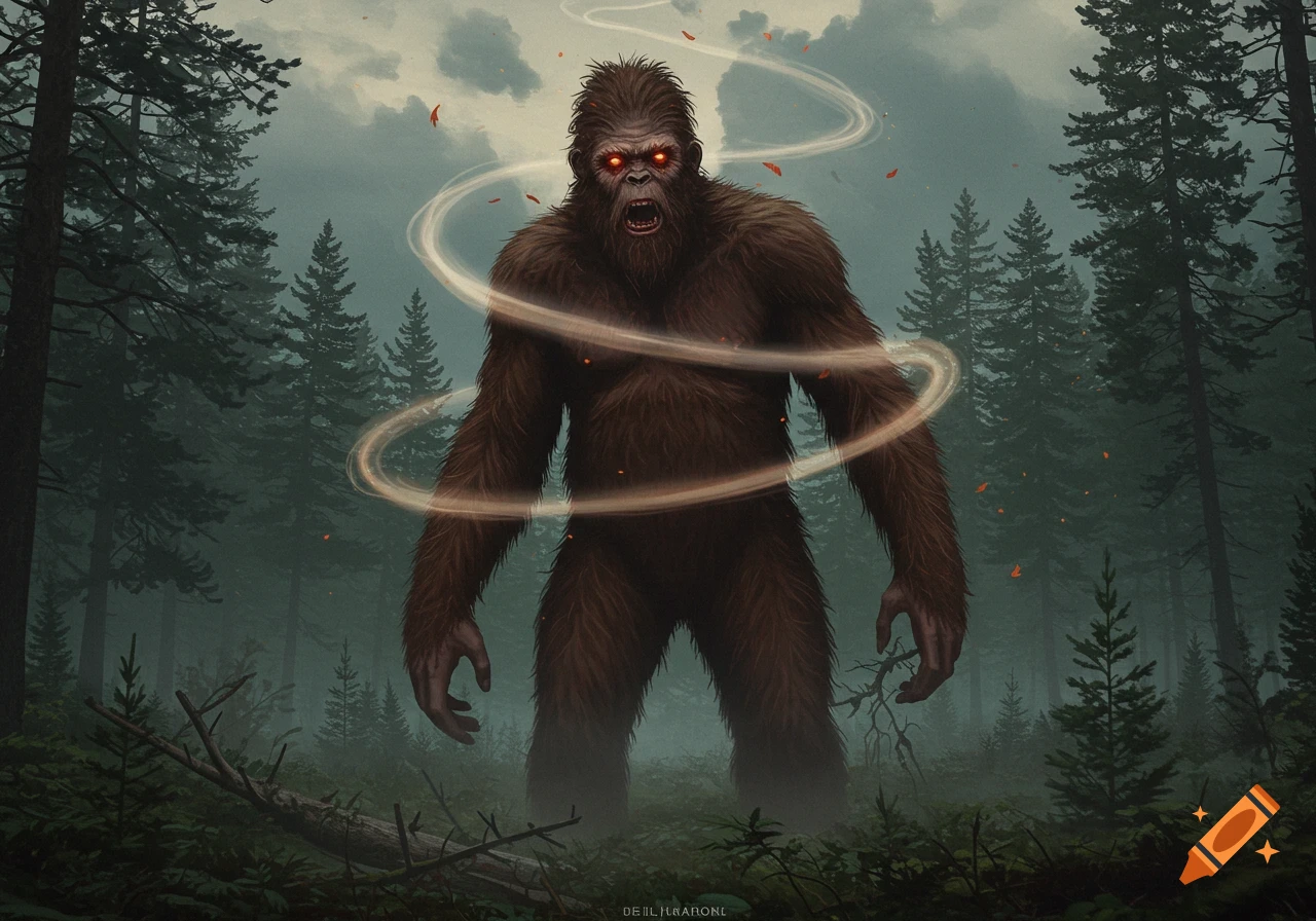 An angry, furry Sasquatch with glowing red eyes stands in a misty, dark ...