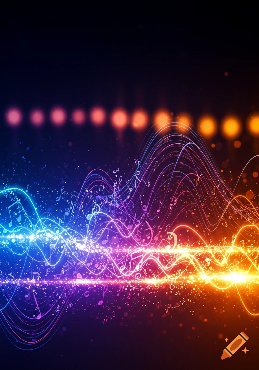 Vibrant abstract glowing sound waves and musical notes in blue, purple ...