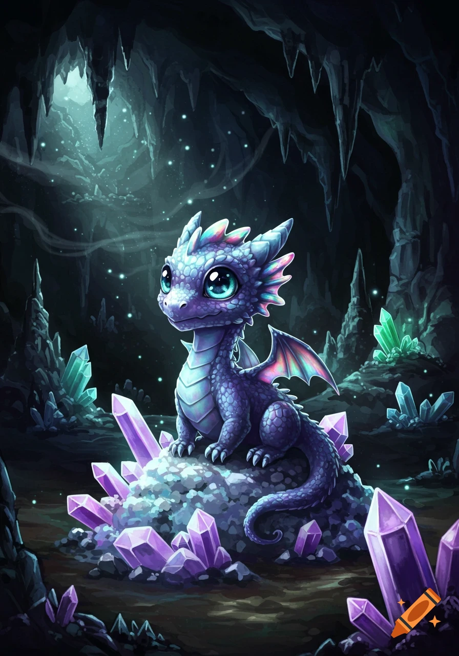 A cute purple and blue baby dragon with big eyes sits on glowing ...