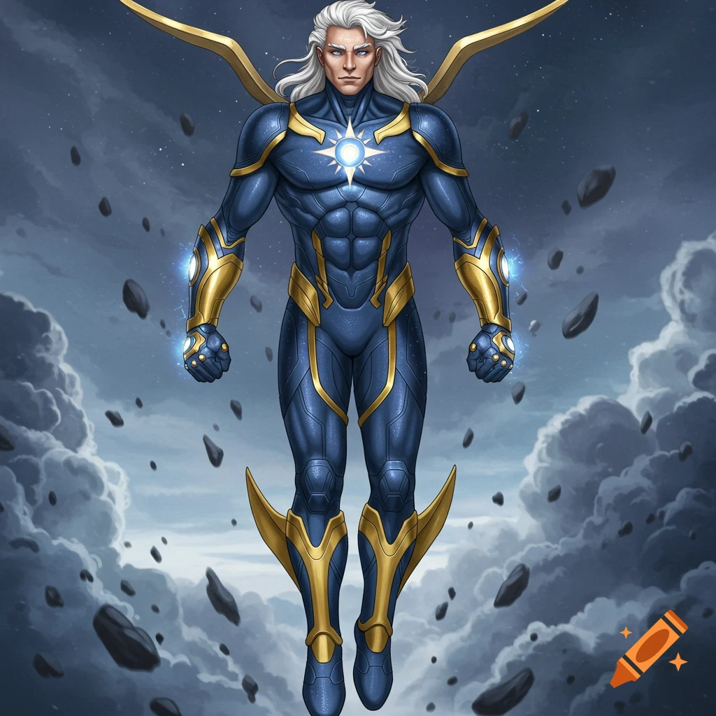 Muscular male superhero with silver hair, blue and gold suit, and ...