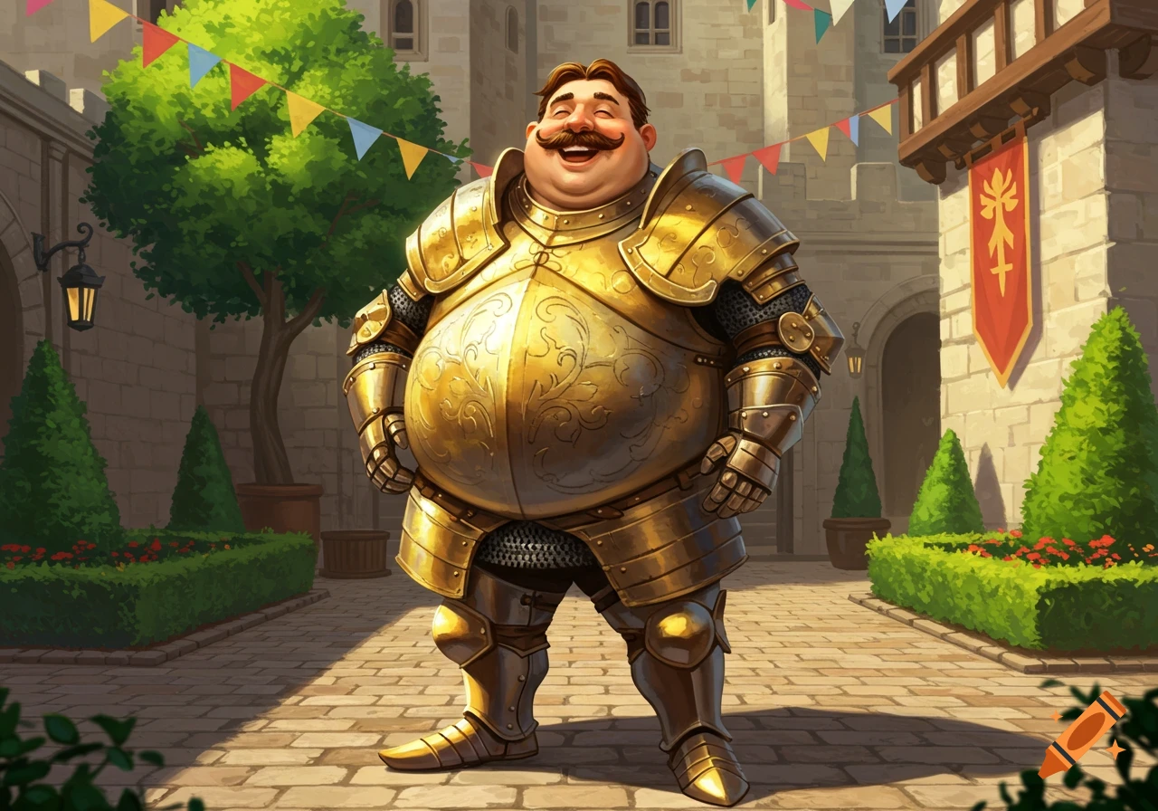 A portly, smiling knight in ornate golden armor stands with hands on ...