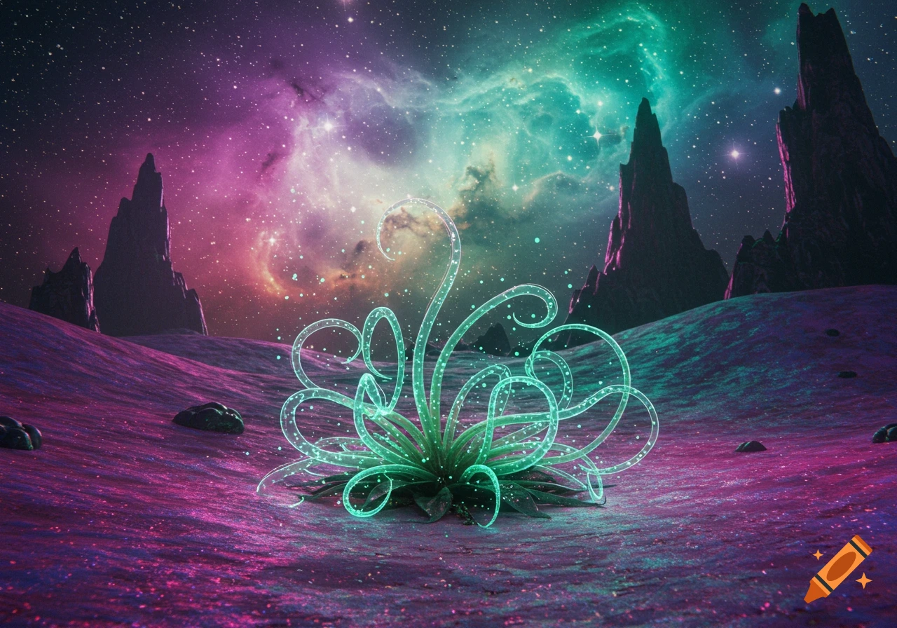A vibrant, glowing alien plant with bioluminescent tendrils on a purple ...