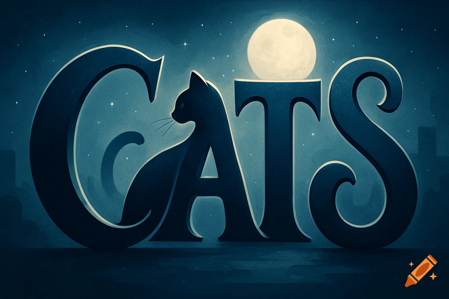 Stylized text 'CATS' with a black cat silhouette, full moon, and stars ...