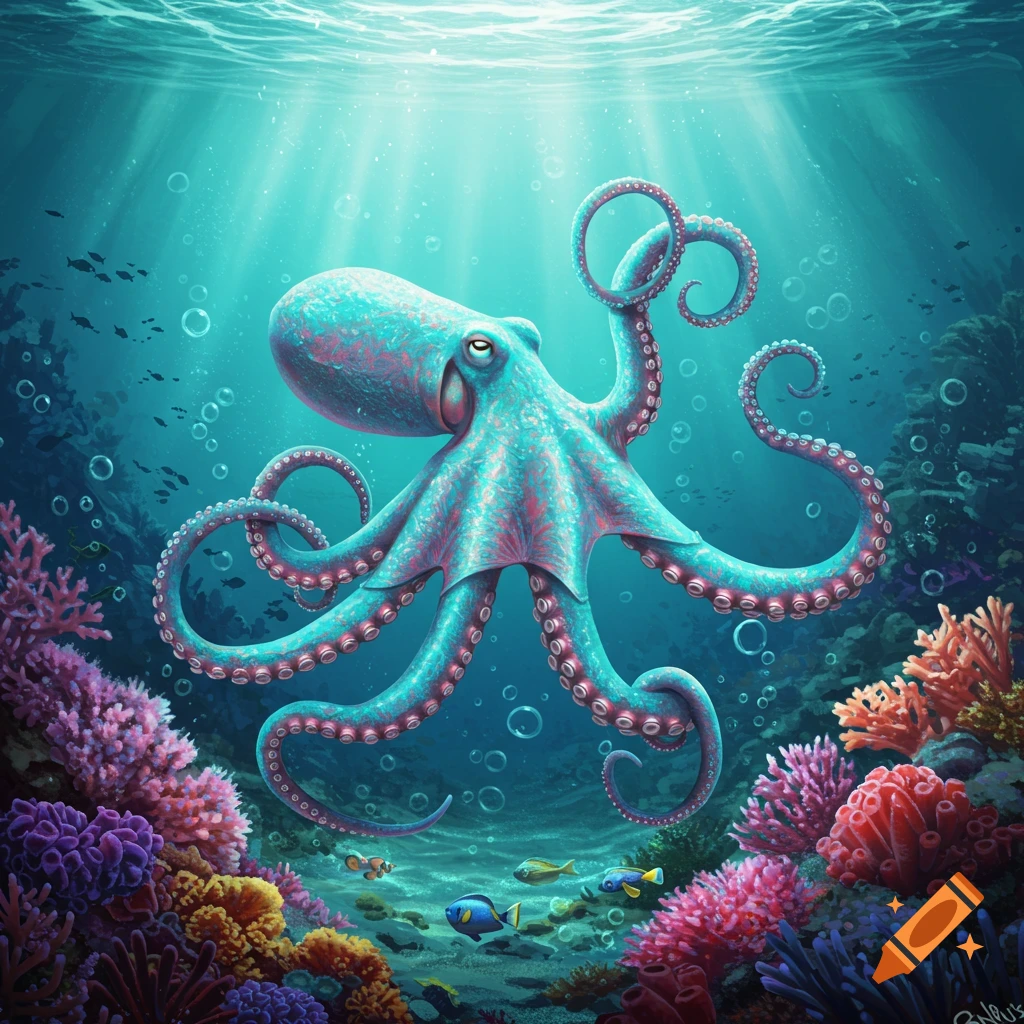 A vibrant, cartoon squid with blue and pink hues surfs on a tropical ...