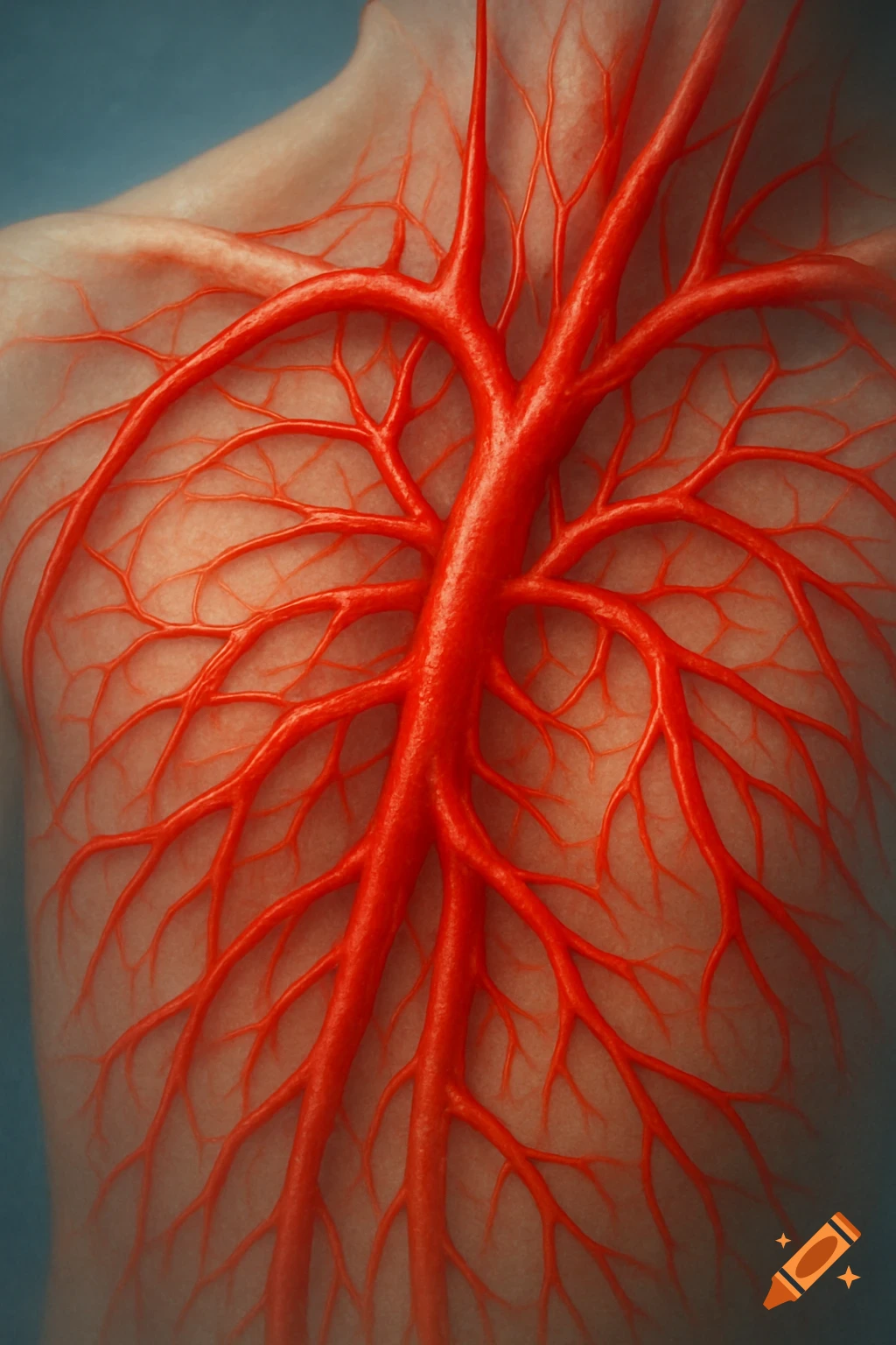 Detailed graphic of red arteries and capillaries branching across human ...