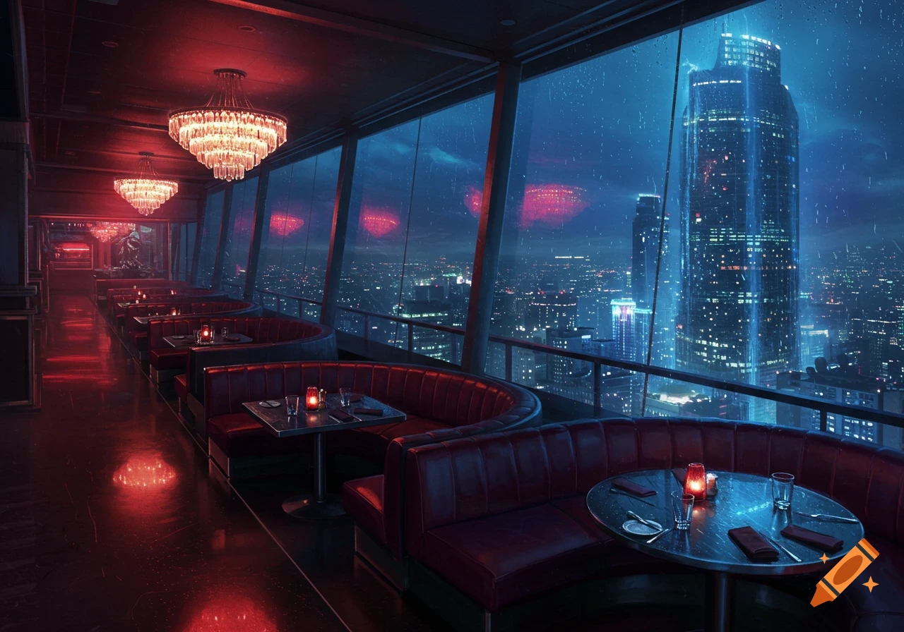 An empty high-rise restaurant at night with red booths, chandeliers ...