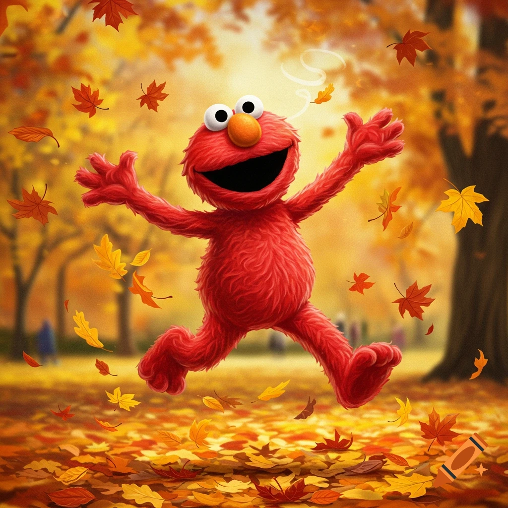 Elmo jumps happily in an autumn forest, surrounded by red and yellow ...
