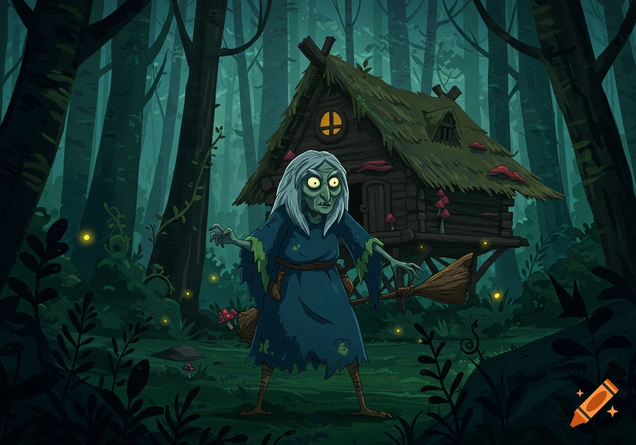 Animated Baba Yaga, an old witch with green skin, stands in a dark ...
