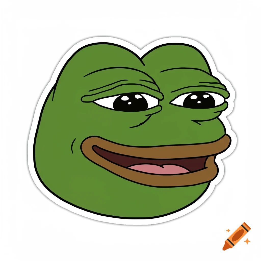 Cartoon head of Pepe the Frog laughing with a wide open mouth and large ...