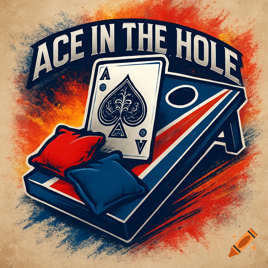 Distressed logo with 'ACE IN THE HOLE' text, an ace of spades card, and cornhole board with bean ...