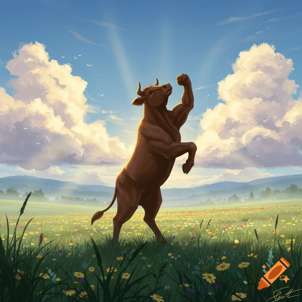 A muscular brown cow stands on two legs, flexing its bicep in a sunny ...