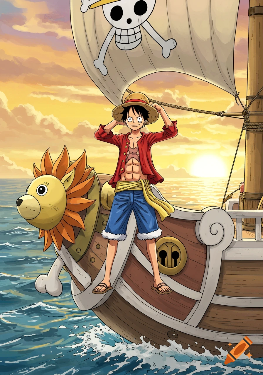 Anime illustration of Monkey D. Luffy in a red coat, holding a sword on ...