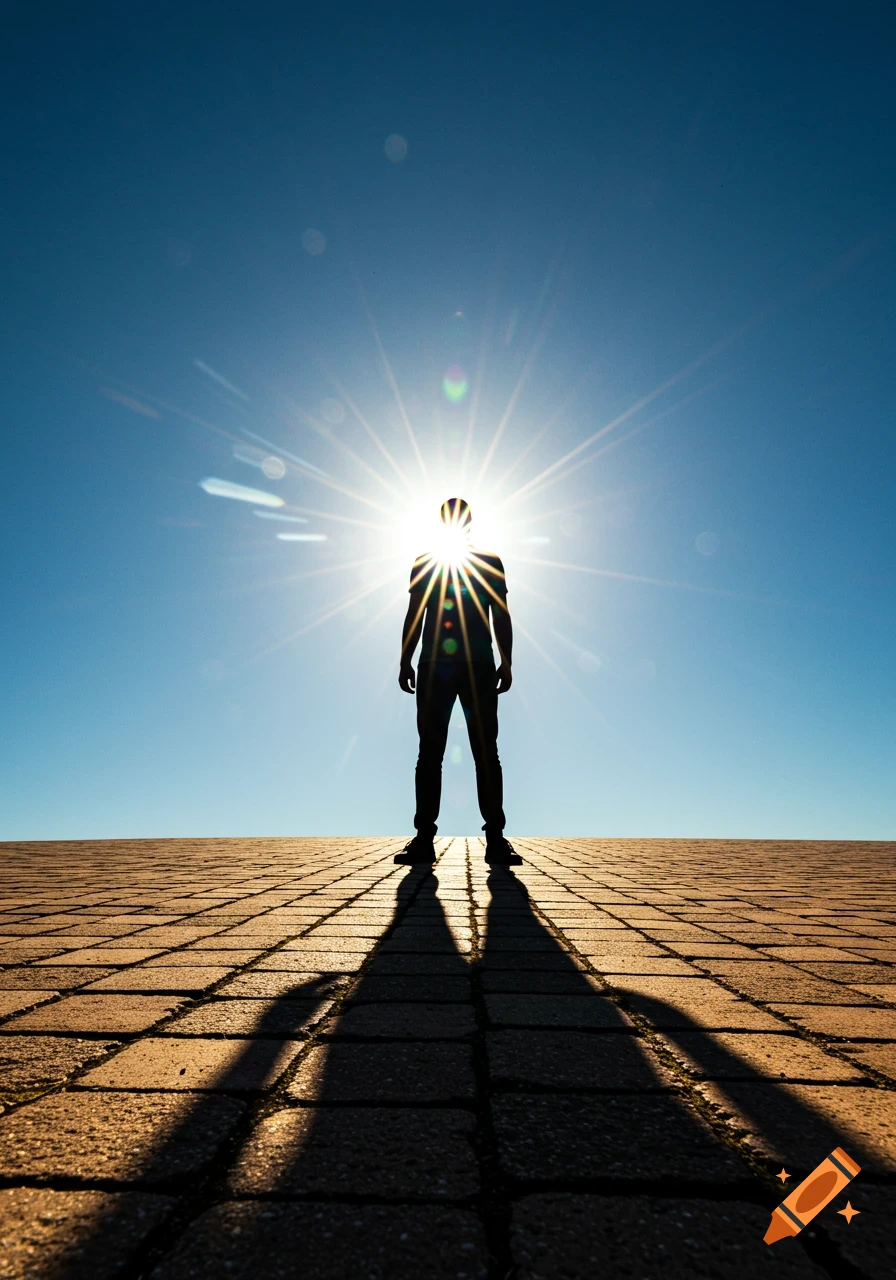 Silhouette of a man standing on a paved surface with the sun brightly ...