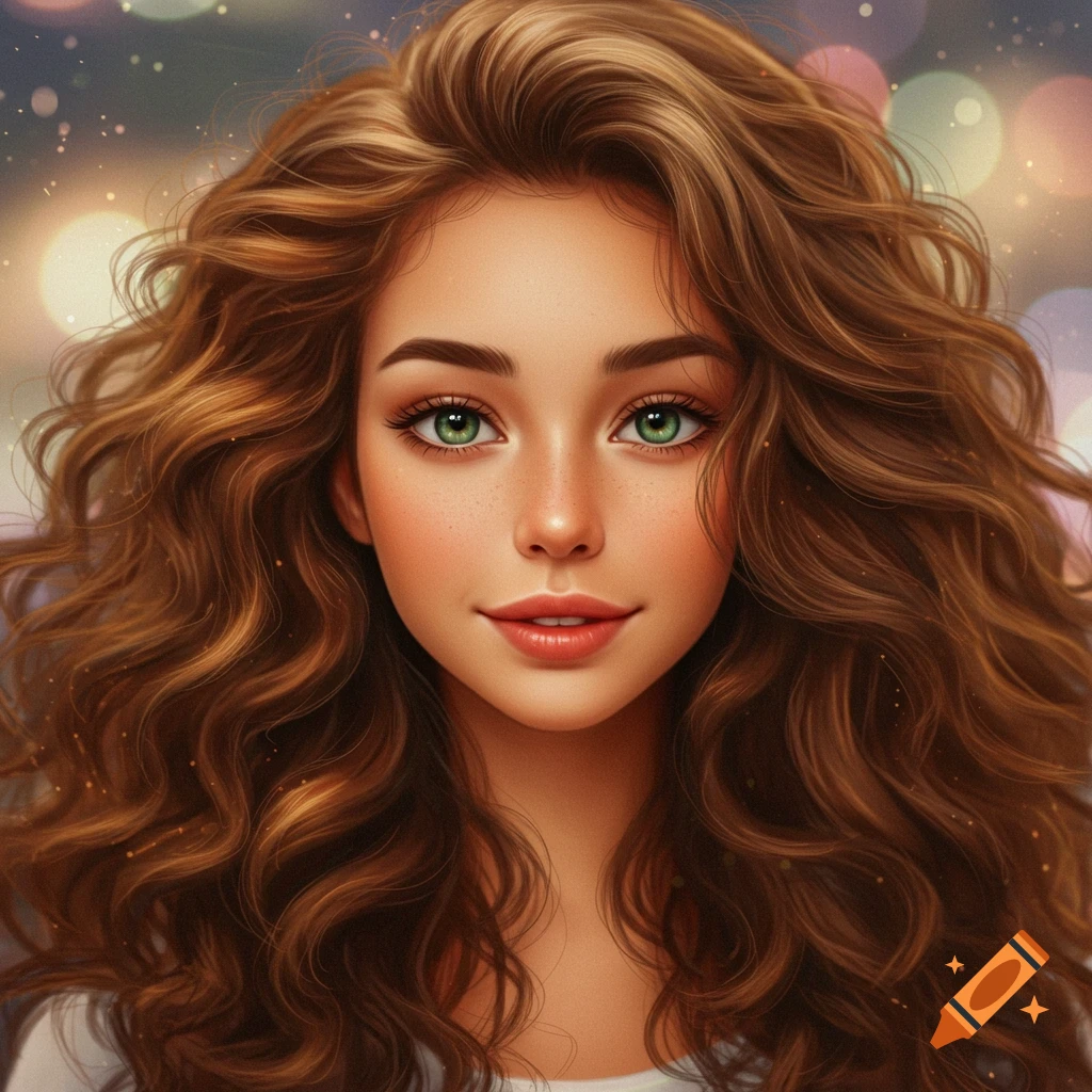 Cartoon woman with hazel eyes and wavy brown hair, smirking and ...