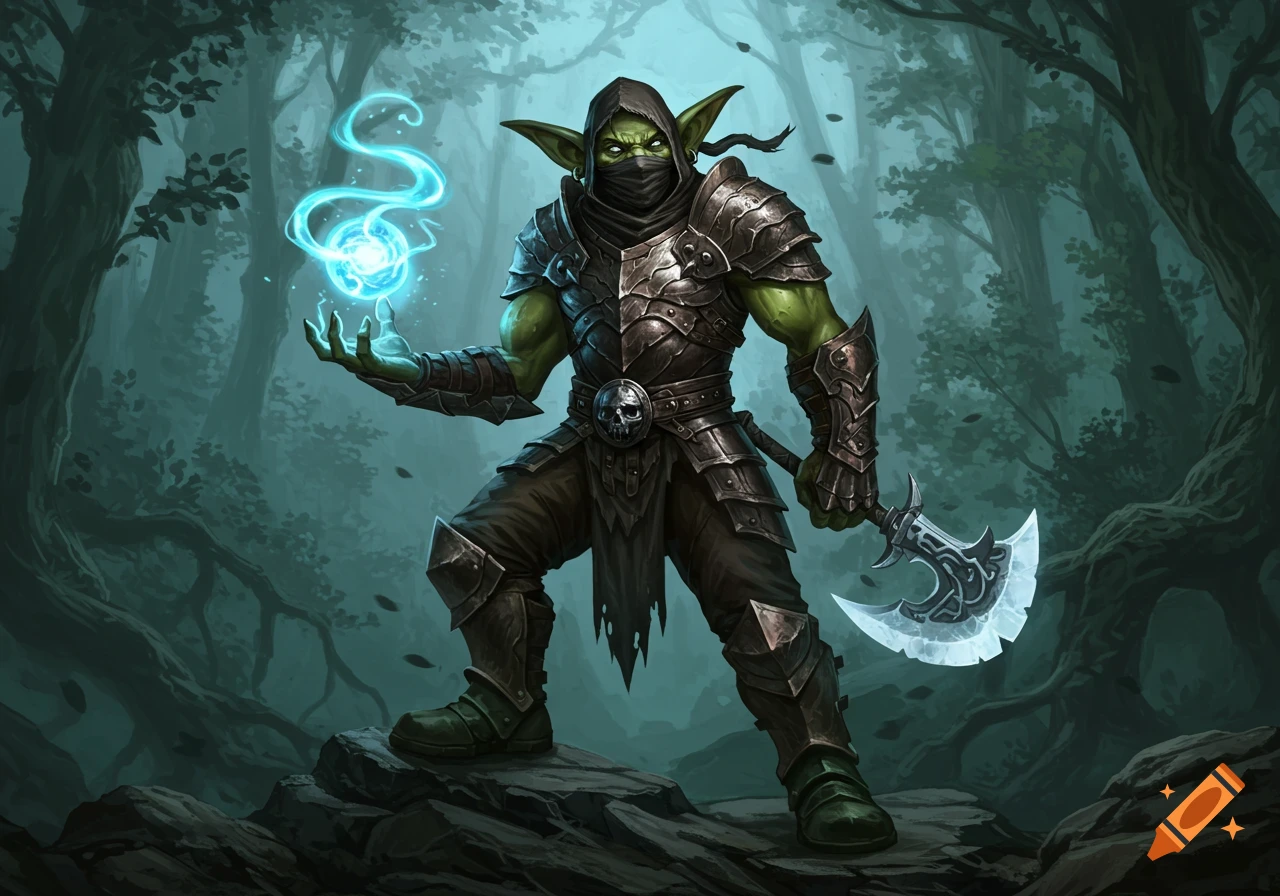 A stealthy D&D goblin with a dagger crouches in a dark, glowing ...