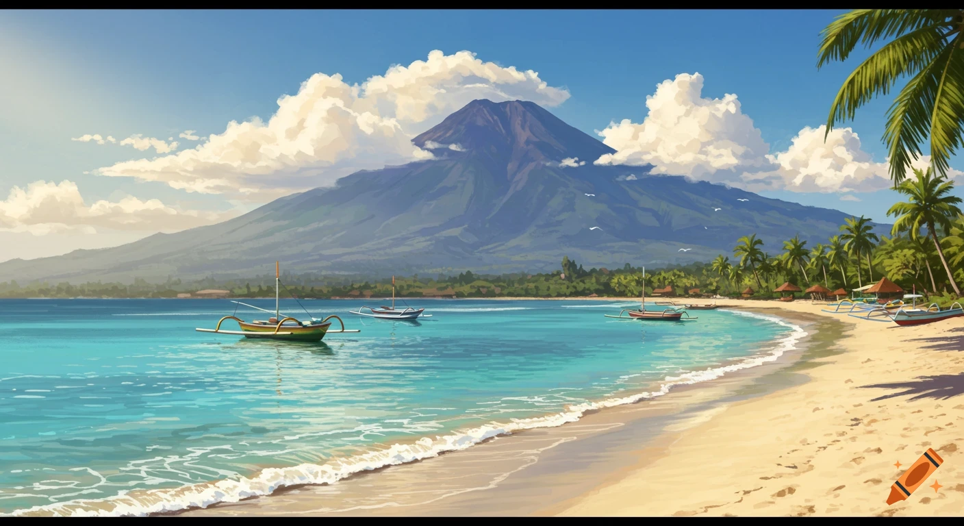 Vintage minimalist travel poster of Bali, Indonesia, showing a person ...