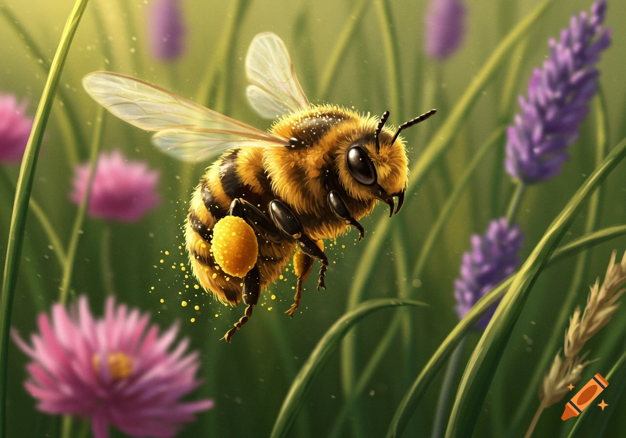 A plump honey bee with bright yellow pollen sacs flies through a field ...