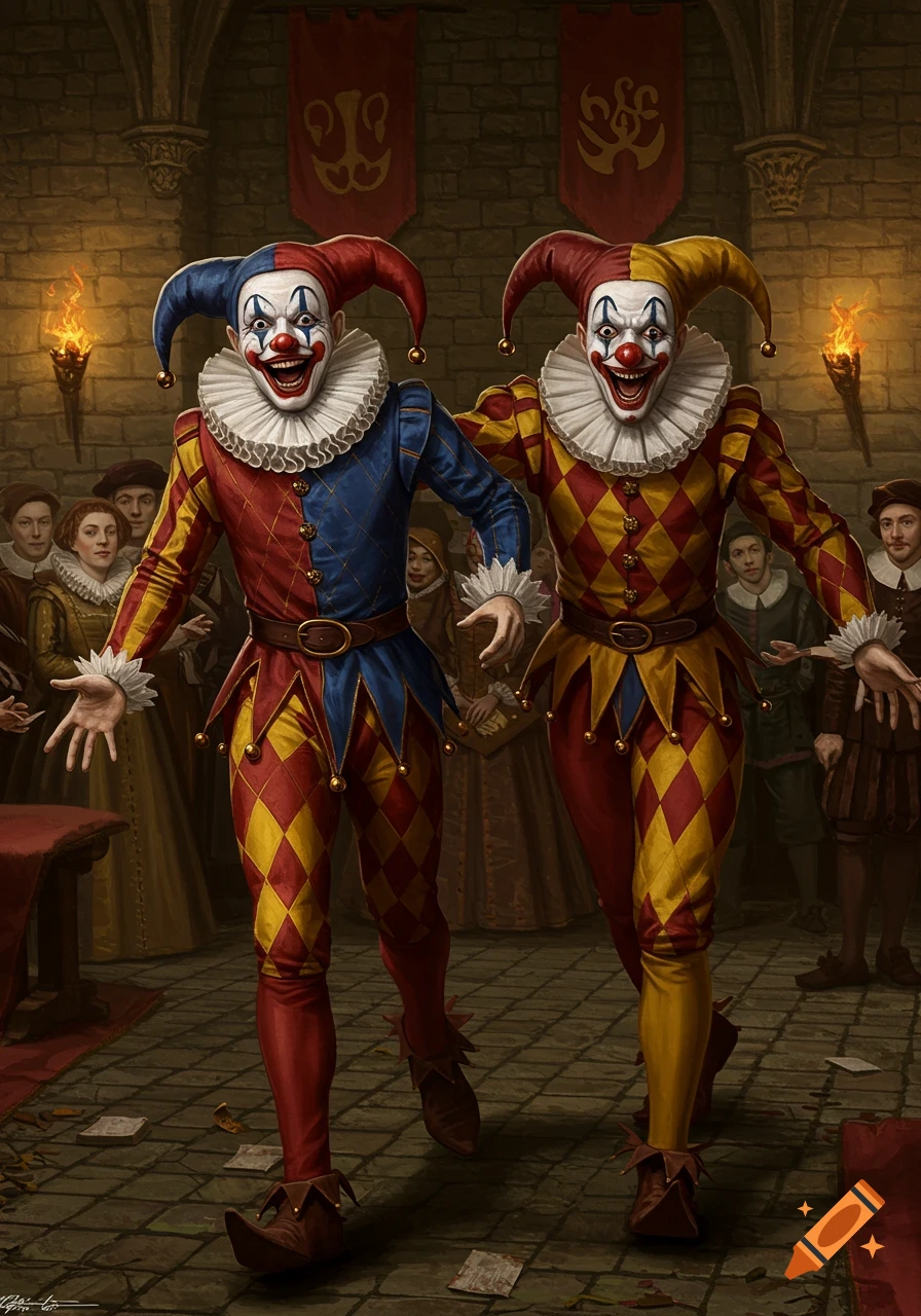 Two grinning jesters in colorful diamond-patterned outfits, with white ...