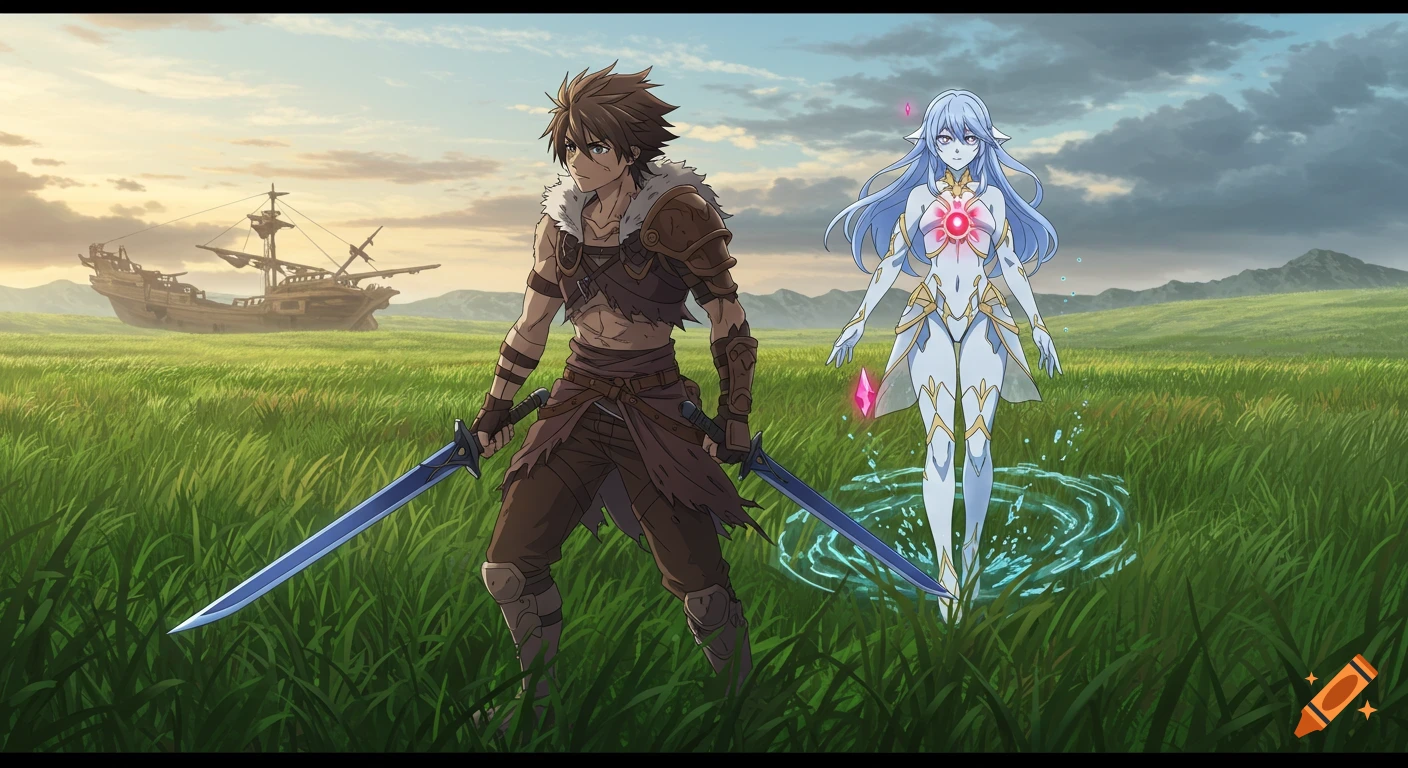 Cell-shaded anime: a male warrior with twin swords and a floating blue ...