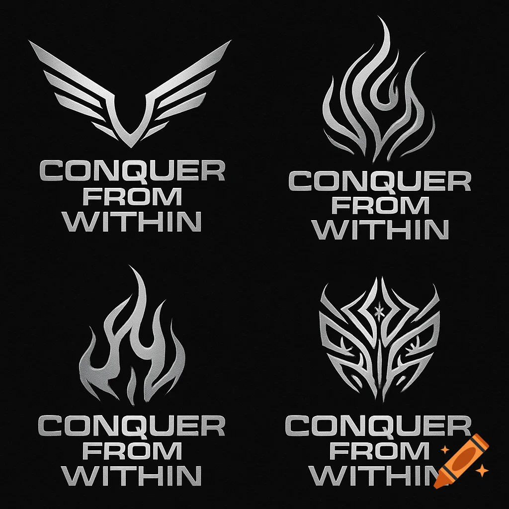 Four silver metallic logos on a black background, each with a unique abstract design and the ...