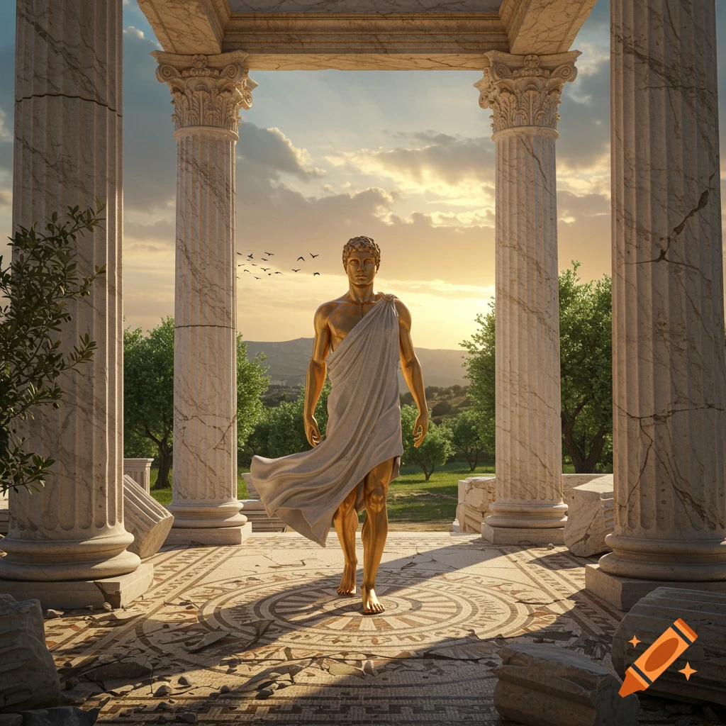 A woman with long orange hair, dressed in an ancient Greek queen's ...