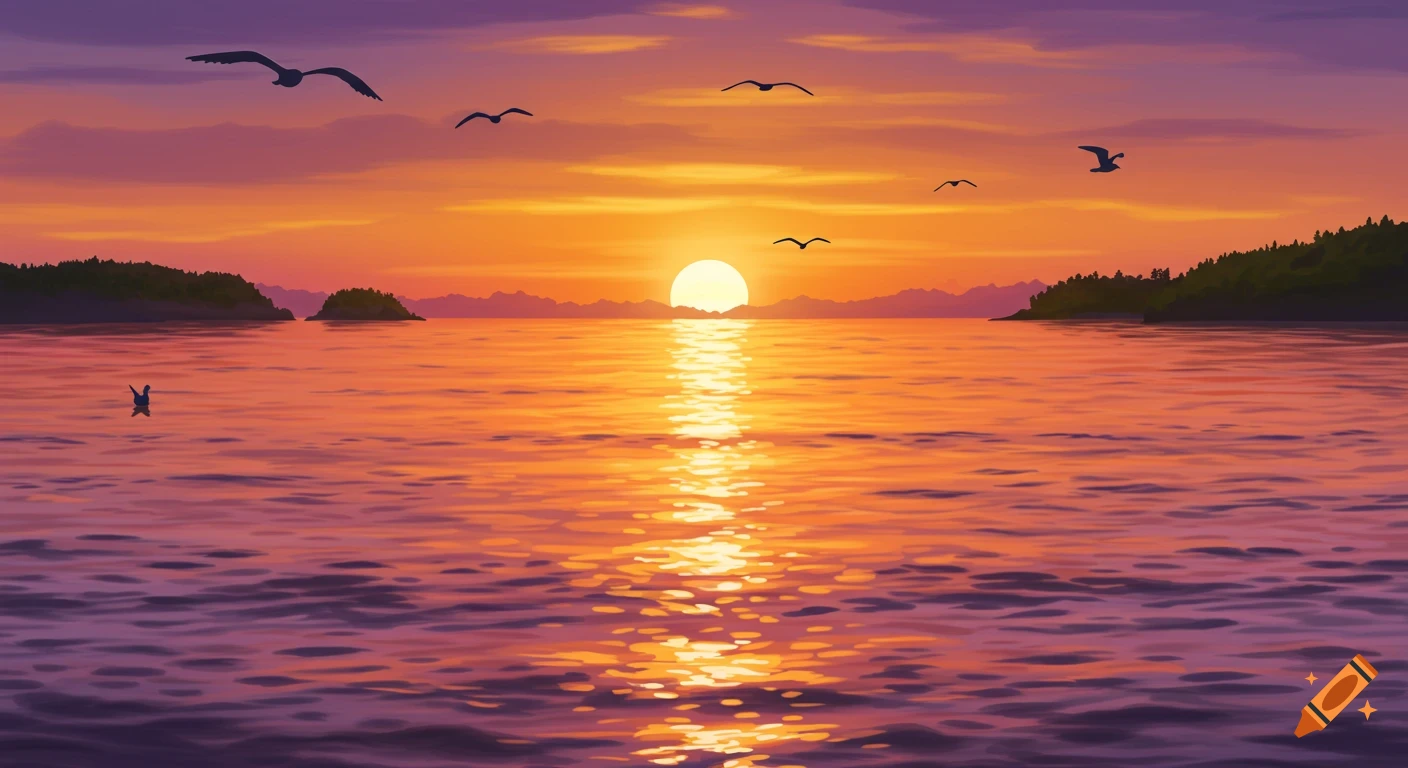 Stylized sunset over the ocean with a vermillion and amber color ...