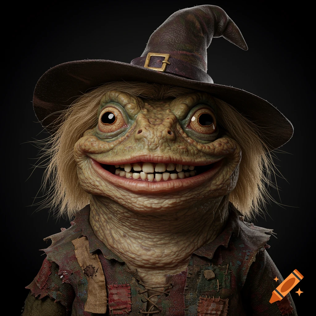 Hyperrealistic face portrait of a grinning, ugly, witch-like toad with blonde fuzzy hair ...