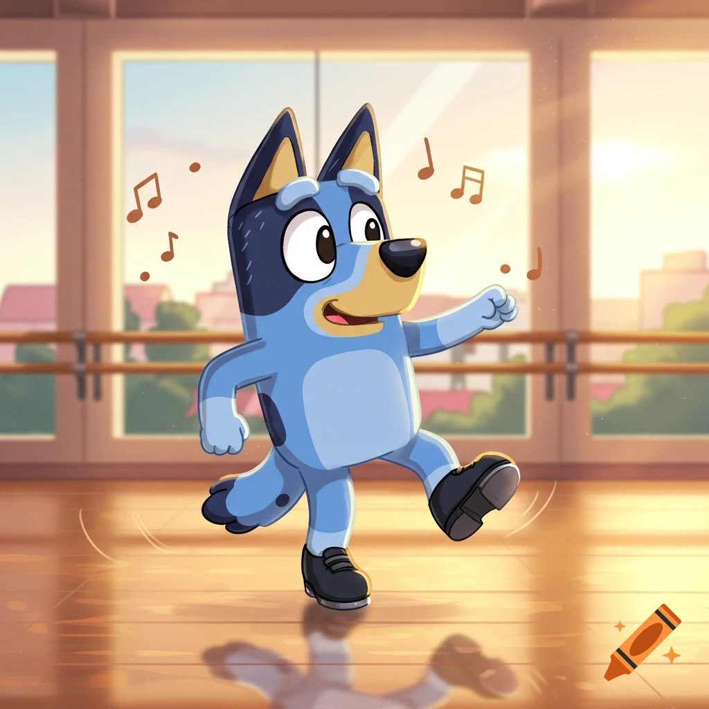 2D cartoon of Bluey Heeler in a green alligator costume tap dancing on ...