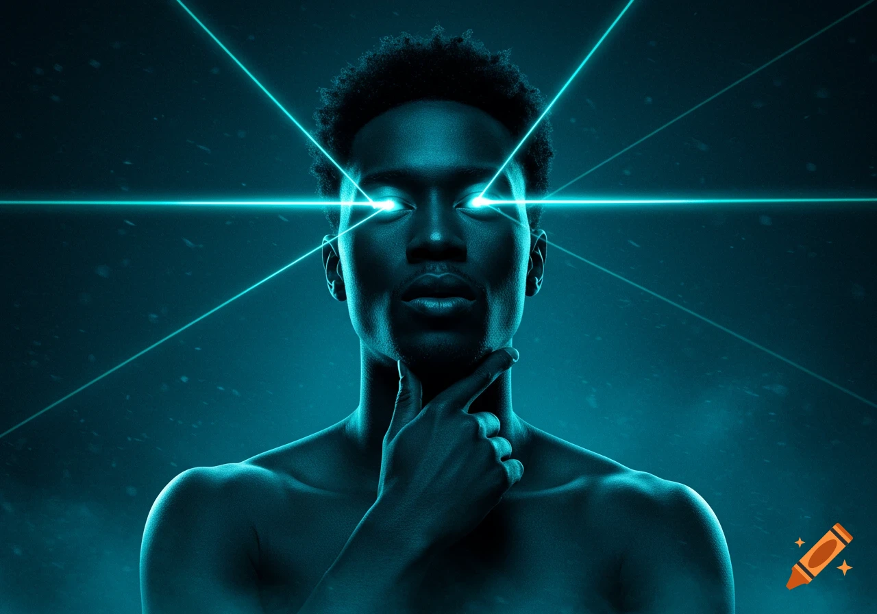 A man with glowing cyan eyes and lasers shooting out, his finger on his ...